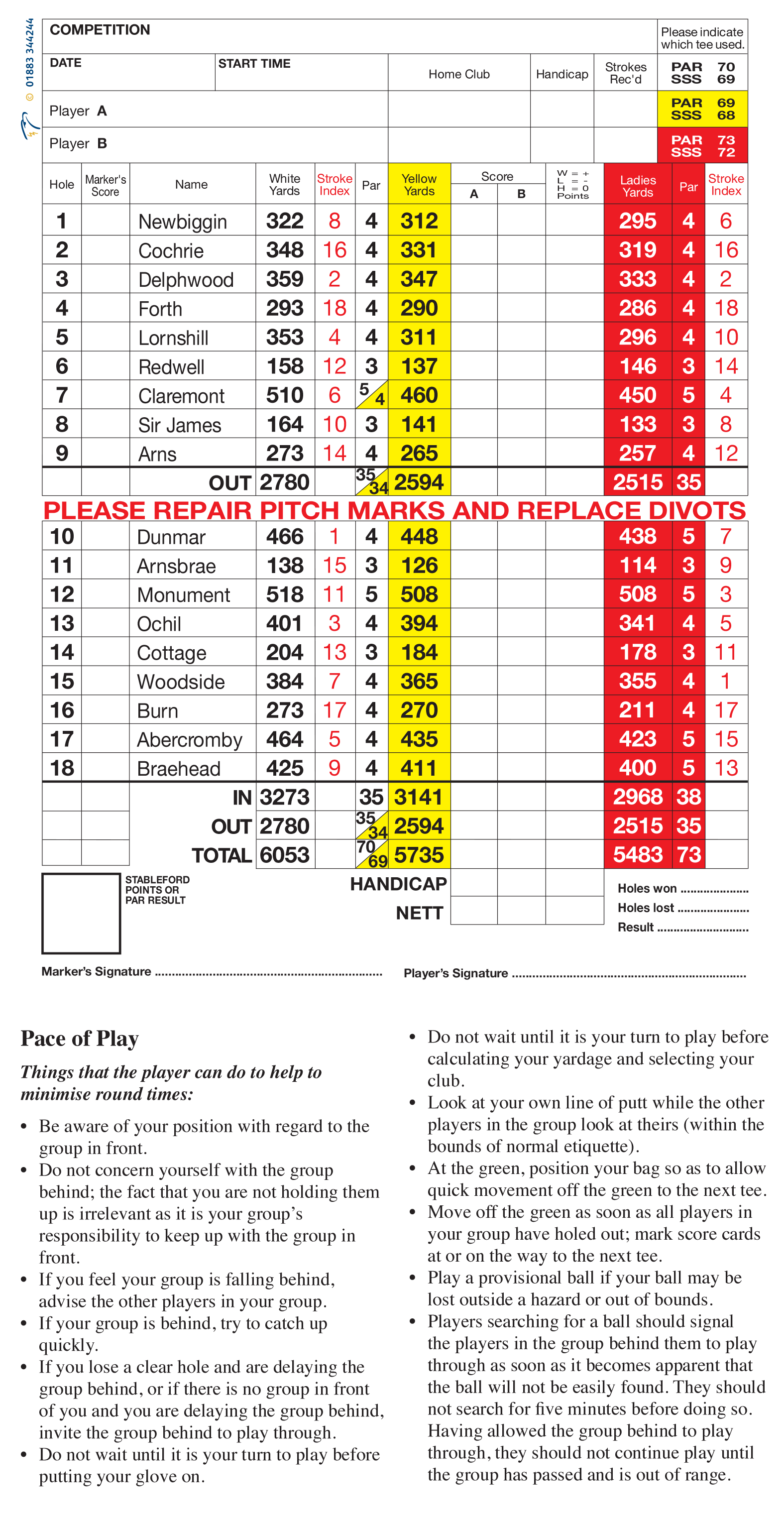 Score Card - Braehead Golf Club